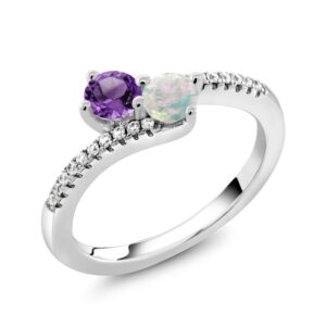 Gem Stone King 925 Sterling Silver Purple Amethyst and White Opal Bypass Ring For Women (0.74 Cttw, Gemstone February Birthstone, Round 4MM, Available In Size 5, 6, 7, 8, 9)