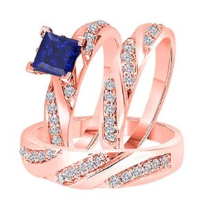 foreverjewelryhub 1.00 carat princess cut blue sapphire & cz diamond 14k rose gold over 925 sterling silver his & her engagement bridal wedding band trio ring set