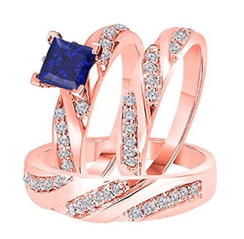 foreverjewelryhub 1.00 Carat Princess Cut Blue Sapphire & CZ Diamond 14K Rose Gold Over 925 Sterling Silver His & Her Engagement Bridal Wedding Band Trio Ring Set