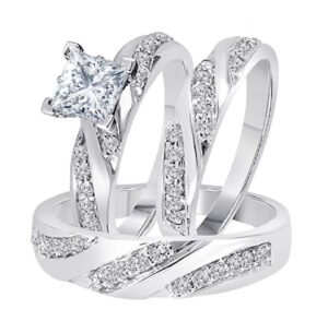 foreverjewelryhub 1.00 carat princess cut created diamond 14k white gold over 925 sterling sliver engagement bridal wedding band trio ring set for his & her