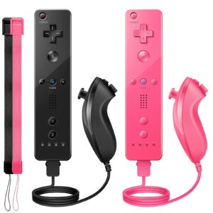 pgyfdal wii controller 2 pack, wii remote controller and nunchuck joystick with silicone case and wrist strap for holiday (black and pink)