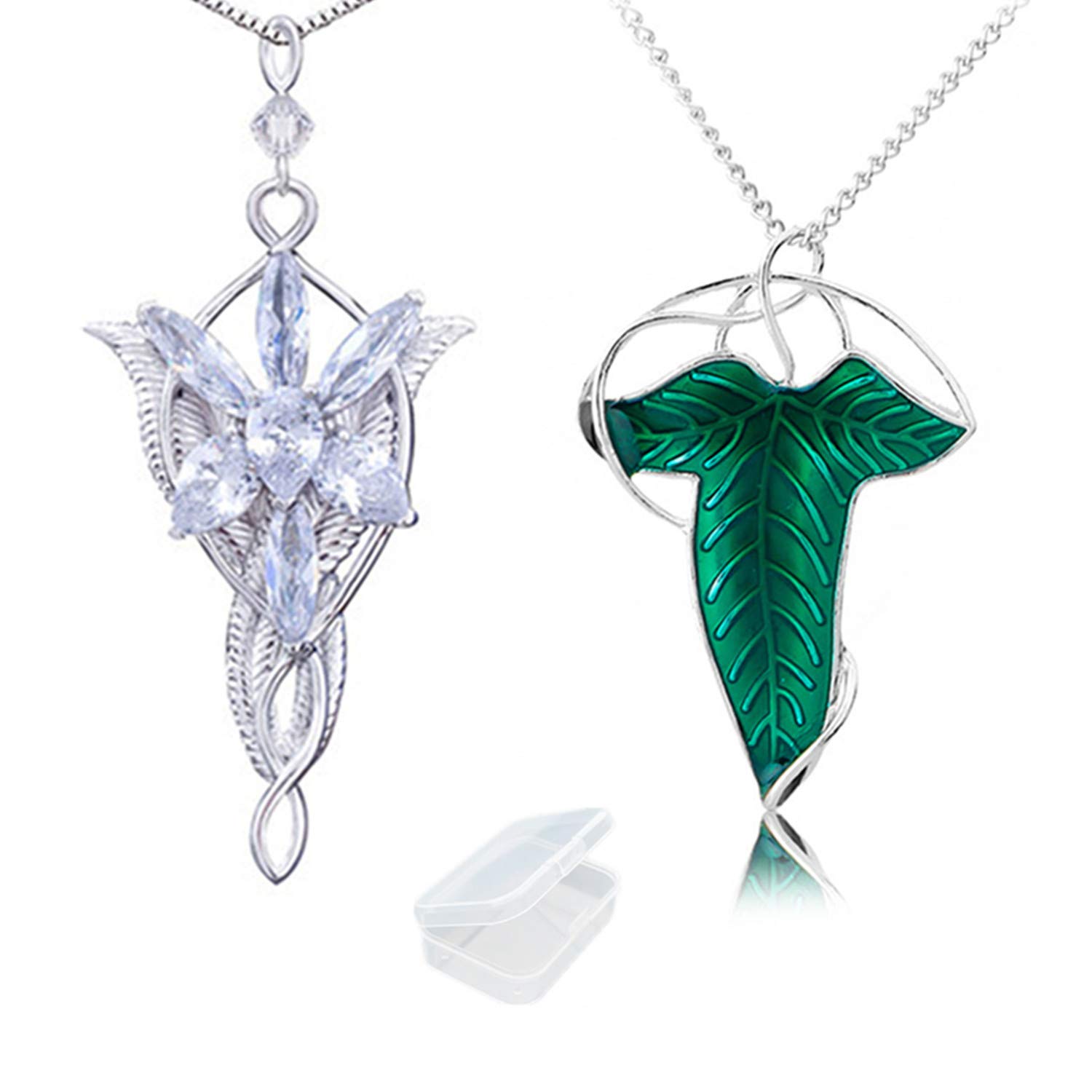 PPX 2 Pcs Lord of the Ring Elven Leaf Aragorn Arwen Evenstar Pendant Chain Necklace Princess Chain with Transparent Jewelry Box