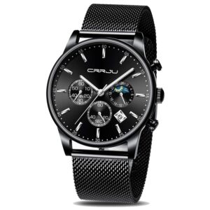 crrju men watch,men luxury waterproof unique designed watches 3-sub dial date mens mesh band stopwatches