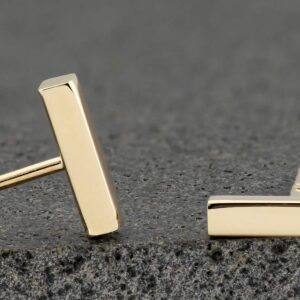 Minimalist 14k Gold Polished Stud Bar Line Stick Earrings, (8.5mm X 2mm) (Yellow Gold)