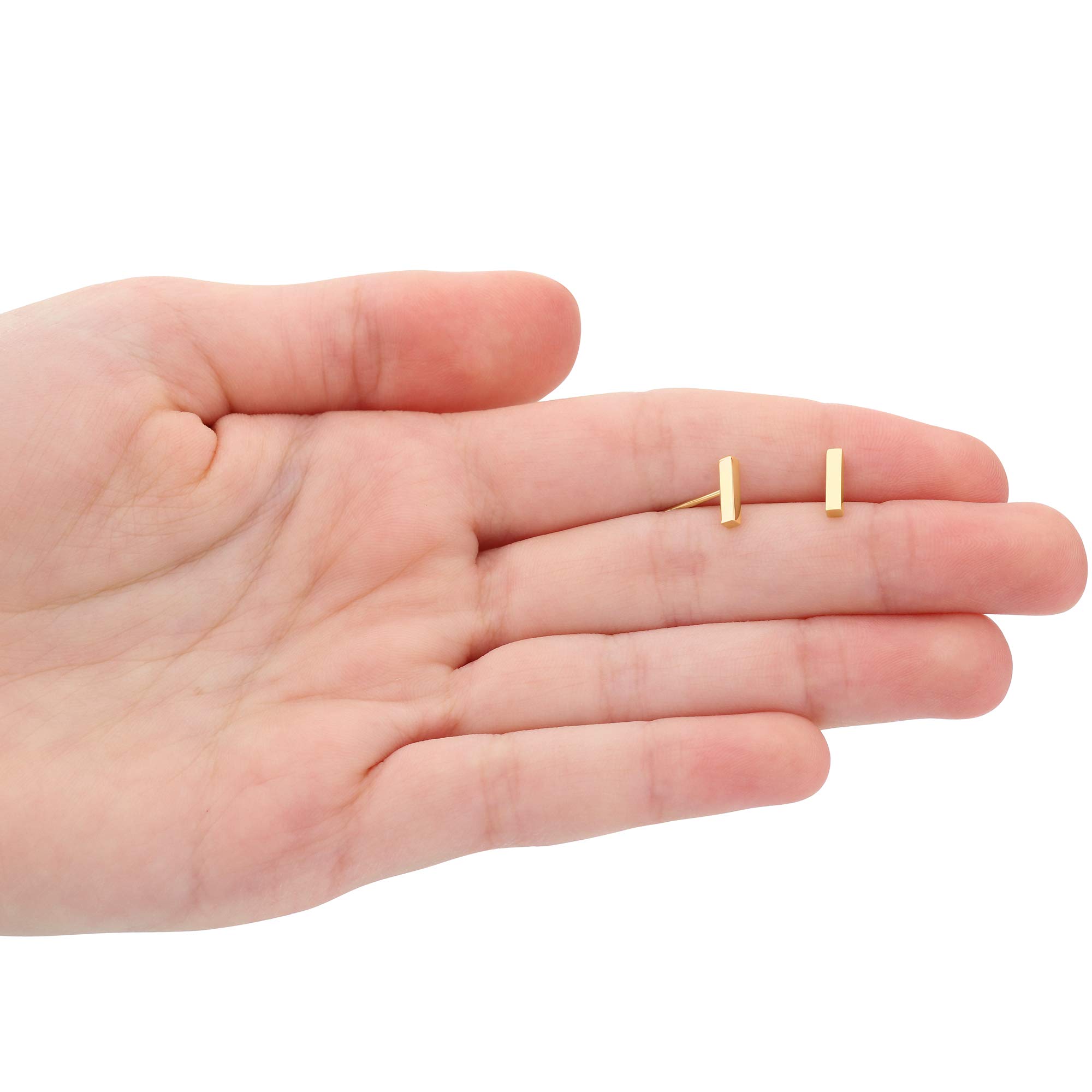 Minimalist 14k Gold Polished Stud Bar Line Stick Earrings, (8.5mm X 2mm) (Yellow Gold)