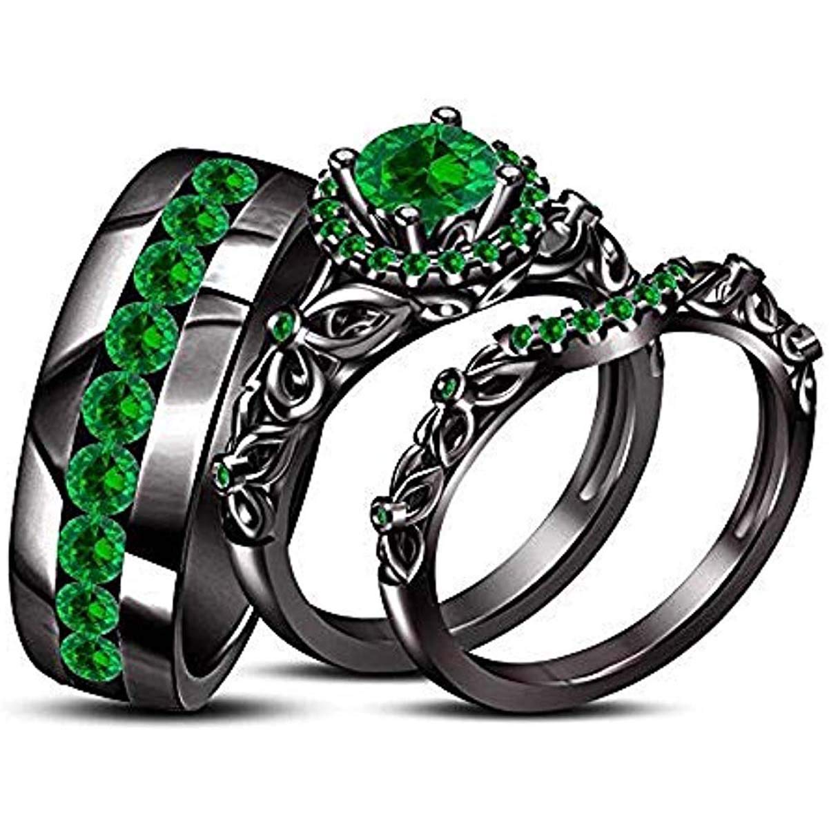 Round Green Emerald Diamond 14K Black Gold Plated 925 Sterling Silver Bridal Wedding Trio Ring Set for Him & Her