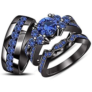 round blue sapphire diamond 14k black gold plated 925 sterling silver bridal wedding trio ring set for him & her