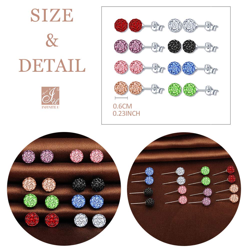 Unendlich U 8 Pairs Rhinestones Crystal 6mm Ball Stud Earrings Set Fireball Disco Ball Pave Bead Earrings Hypoallergenic for Women