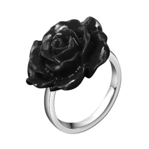 yinujiao 925 sterling silver romantic delicate black white red floral blooming 3d carved 20mm rose flower rings adjustable cuff ring for women and men adults (black)