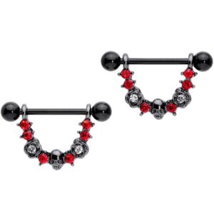 body candy 14g womens nipplerings piercing steel 2pc black red accent rose skull dangle nipple ring set 5/8"