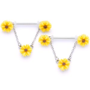 body candy 14g womens nipplerings piercing steel 2pc summer yellow sunflowers dangle nipple ring set 5/8"