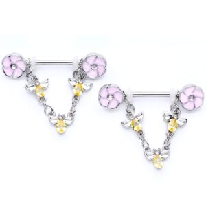 body candy 14g womens nipplerings piercing steel 2pc yellow accent flower bee dangle nipple ring set 5/8"