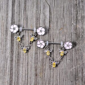 Body Candy 14G Womens Nipplerings Piercing Steel 2Pc Yellow Accent Flower Bee Dangle Nipple Ring Set 5/8"