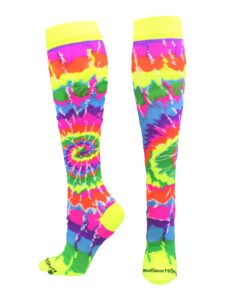 madsportsstuff crazy tie dye socks over the calf (groovy neon, small)