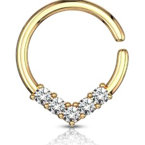 Forbidden Body Jewelry 16g 8mm CZ Lined V Shaped Bendable 14k Gold Plated Brass Cartilage & Septum Hoop