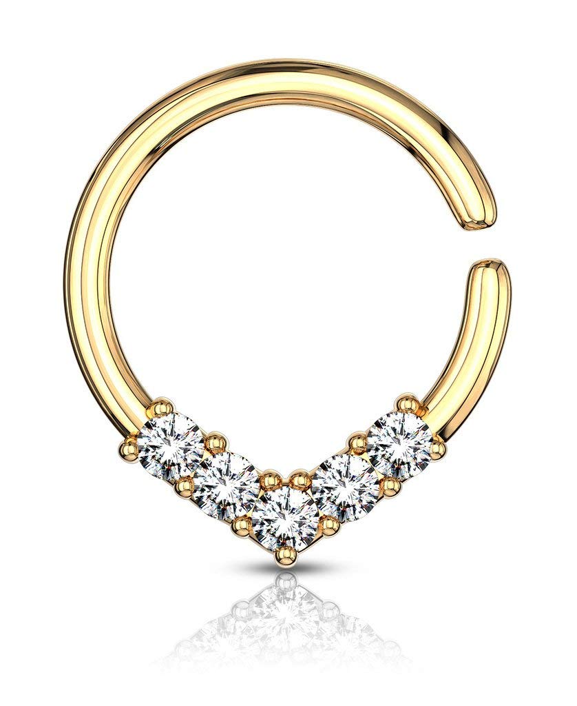 Forbidden Body Jewelry 16g 8mm CZ Lined V Shaped Bendable 14k Gold Plated Brass Cartilage & Septum Hoop