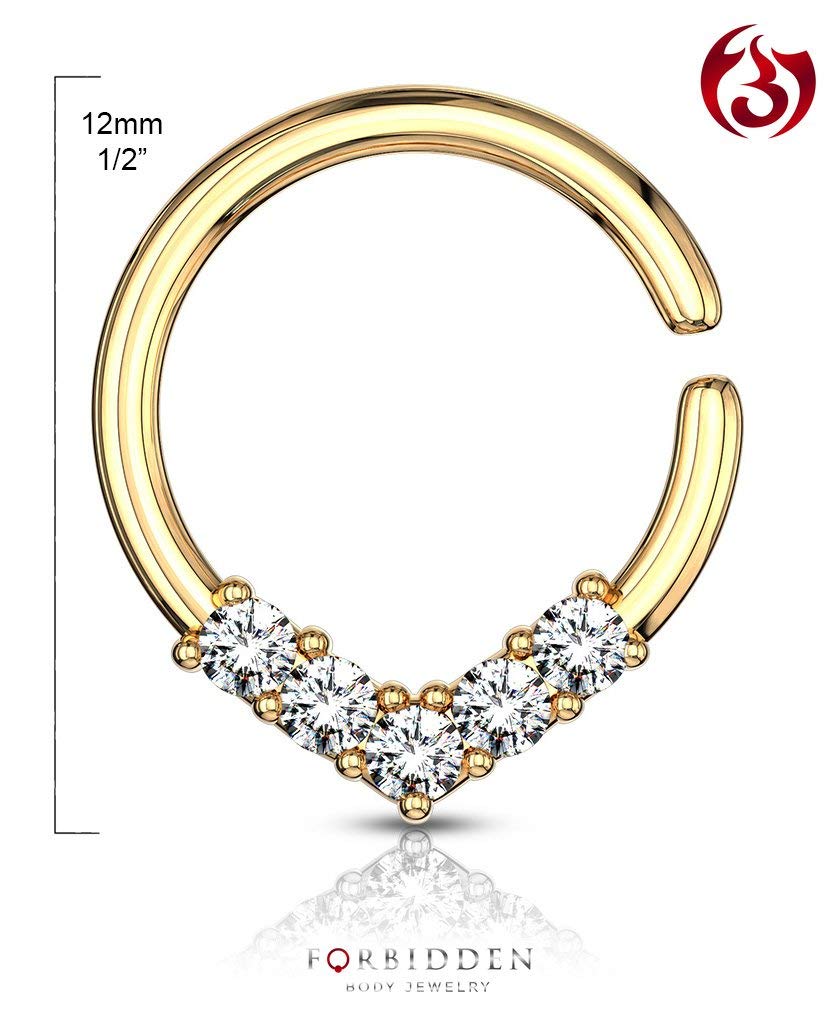 Forbidden Body Jewelry 16g 8mm CZ Lined V Shaped Bendable 14k Gold Plated Brass Cartilage & Septum Hoop