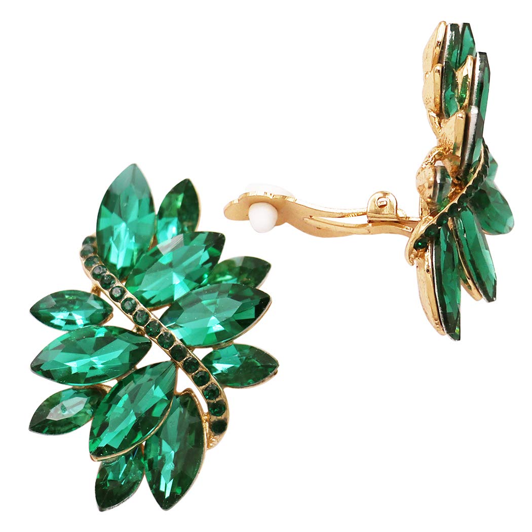 Rosemarie Collections Women's Dazzling Crystal Marquis Leaf Cluster Statement Clip On Earrings, 1.87" (Green Emerald Crystal Gold Tone)