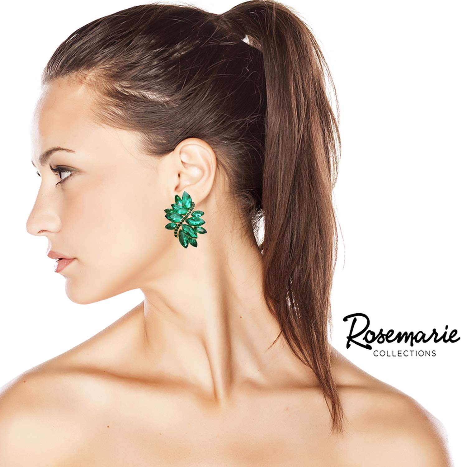 Rosemarie Collections Women's Dazzling Crystal Marquis Leaf Cluster Statement Clip On Earrings, 1.87" (Green Emerald Crystal Gold Tone)