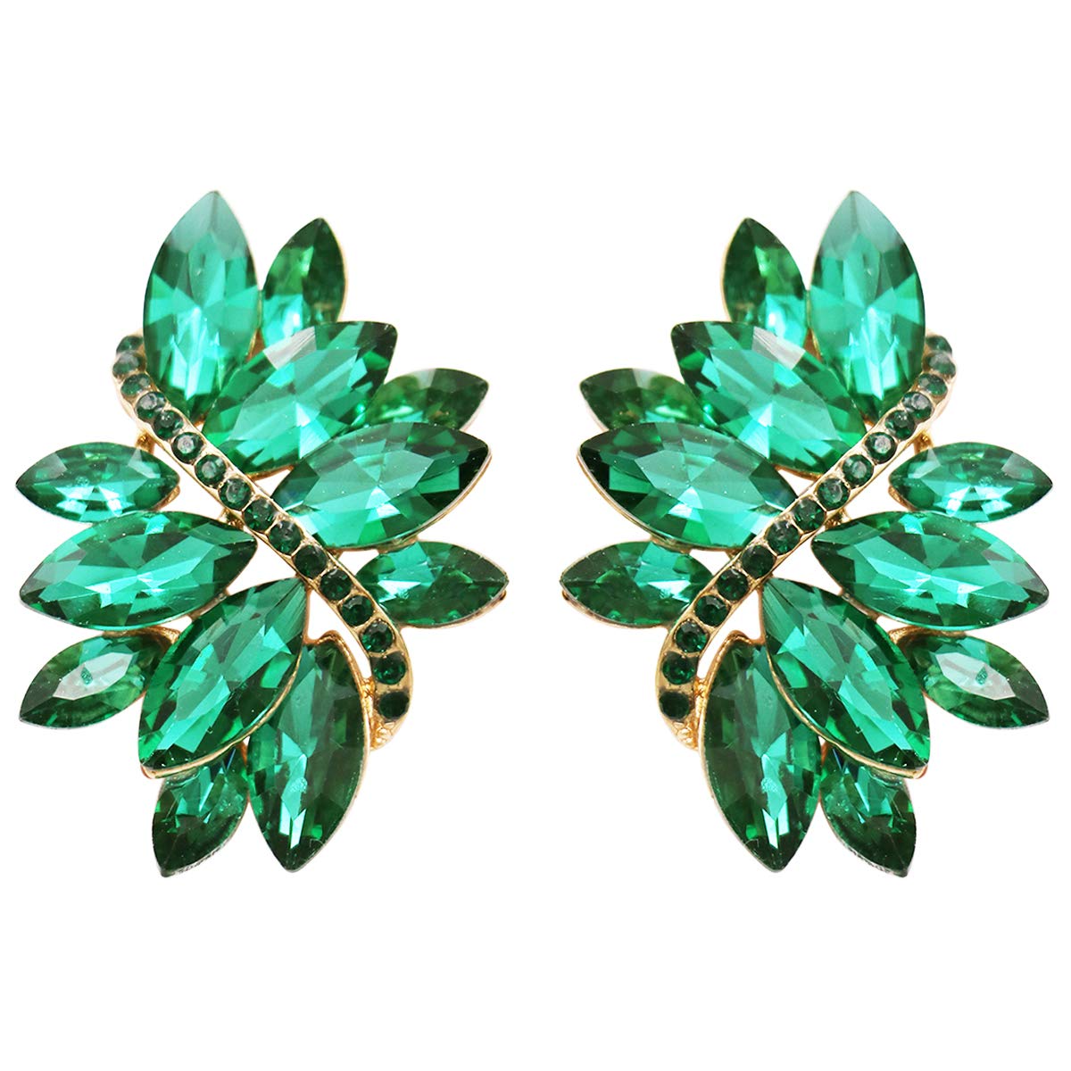 Rosemarie Collections Women's Dazzling Crystal Marquis Leaf Cluster Statement Clip On Earrings, 1.87" (Green Emerald Crystal Gold Tone)