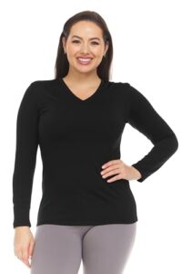 thermajane long sleeve v neck thermal shirts for women cold weather, womens thermal underwear tops, base layer women thermal (black, large)