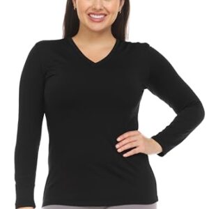 Thermajane Long Sleeve V Neck Thermal Shirts for Women Cold Weather, Womens Thermal Underwear Tops, Base Layer Women Thermal (Black, Large)