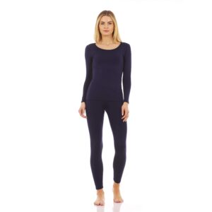 thermajane long johns thermal underwear for women scoop neck fleece lined base layer pajama set cold weather (navy, small)