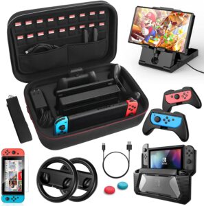 heystop switch accessories bundle 12 in 1 compatible with nintendo switch, gift kit with carrying case, protective case cover, screen protector, playstand, joycon grip & more (black)