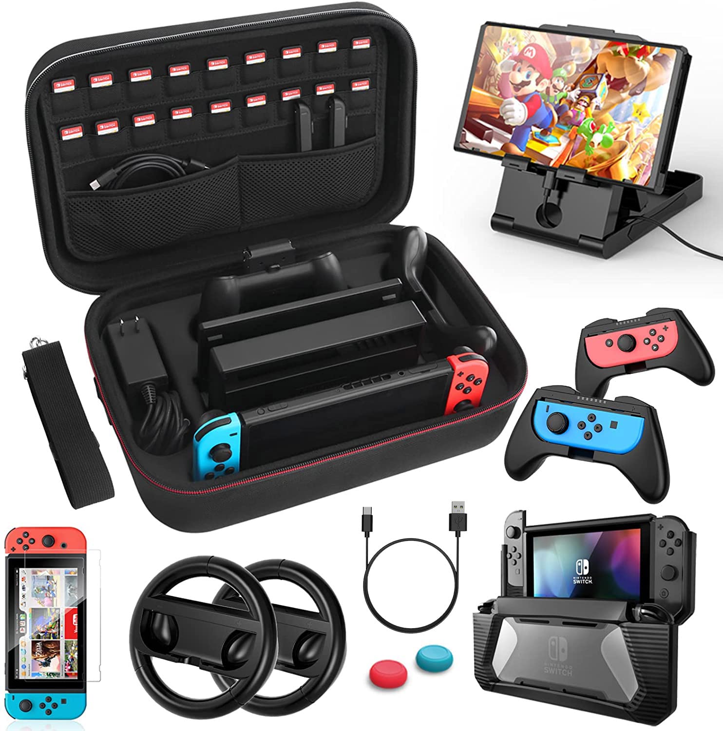 HEYSTOP Switch Accessories Bundle 12 in 1 Compatible with Nintendo Switch, Gift Kit with Carrying Case, Protective Case Cover, Screen Protector, PlayStand, Joycon Grip & More (Black)