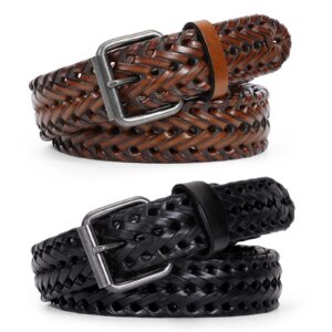 werforu 2 pack men’s leather braided belt, cowhide leather woven belt for jeans 1.3 inch wide with prong buckle,black+orange brown,fits pants size 34-38 inches