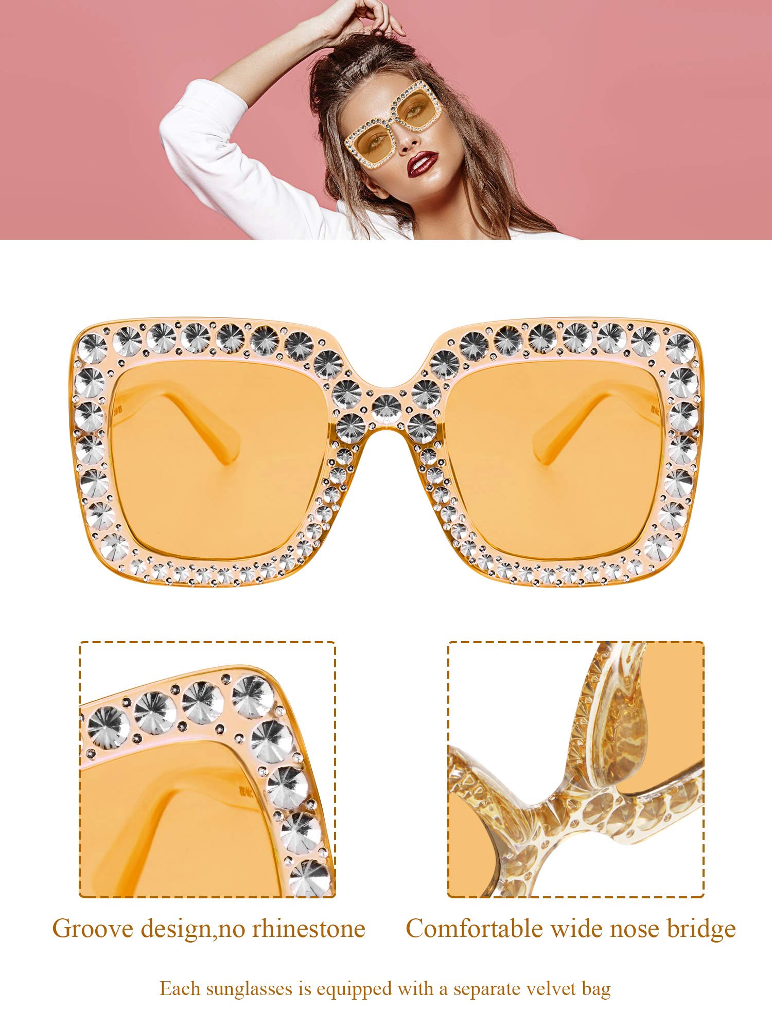 Frienda Oversize Square Glitter Sunglasses Sparkly Sunglasses Retro Thick Frame Sunglasses