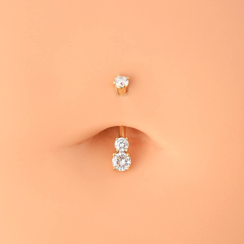 OUFER 14K Solid Gold Belly Navel Button Ring Clear 5A Cubic Zirconia Design Belly Rings Piercing Jewelry