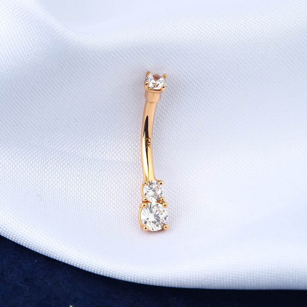 OUFER 14K Solid Gold Belly Navel Button Ring Clear 5A Cubic Zirconia Design Belly Rings Piercing Jewelry