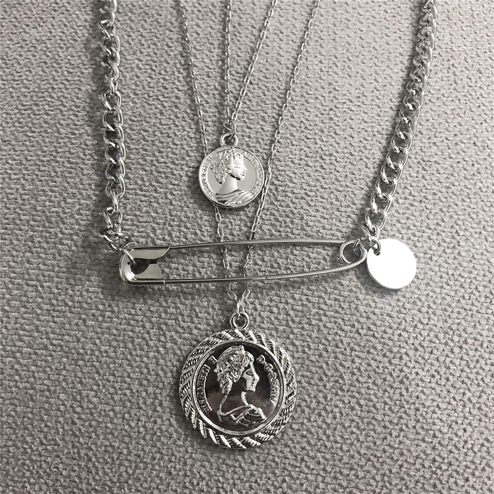 YERTTER Father's Day Multi-Layered Paper Clip and Coin Pendant Necklace Boho Jewelry Set Layered Pendant Statement Chunky Chain Necklace for Women Man