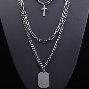 YERTTER Dainty Unique Punk Layering Silver Chain Choker Necklace Boho Jewelry Set Layered Cross Pendant Statement Chunky Chain Necklace for Women Man