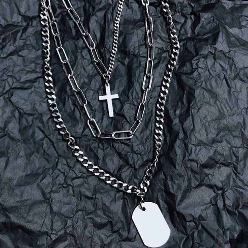 YERTTER Dainty Unique Punk Layering Silver Chain Choker Necklace Boho Jewelry Set Layered Cross Pendant Statement Chunky Chain Necklace for Women Man