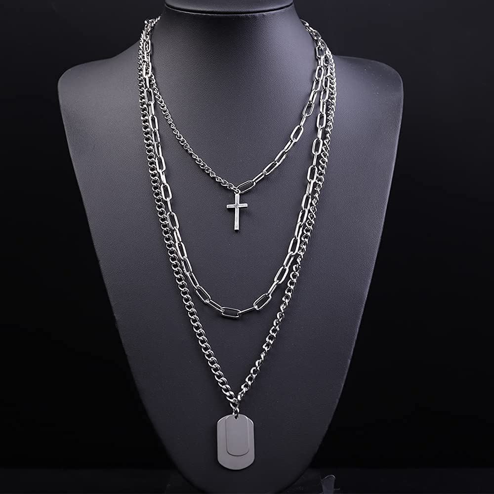 YERTTER Dainty Unique Punk Layering Silver Chain Choker Necklace Boho Jewelry Set Layered Cross Pendant Statement Chunky Chain Necklace for Women Man