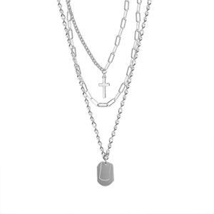 YERTTER Dainty Unique Punk Layering Silver Chain Choker Necklace Boho Jewelry Set Layered Cross Pendant Statement Chunky Chain Necklace for Women Man