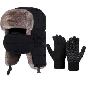 satinior trapper hat gloves set, warm winter hats hunting hat with mask ear flaps, winter touchscreen gloves for women men black