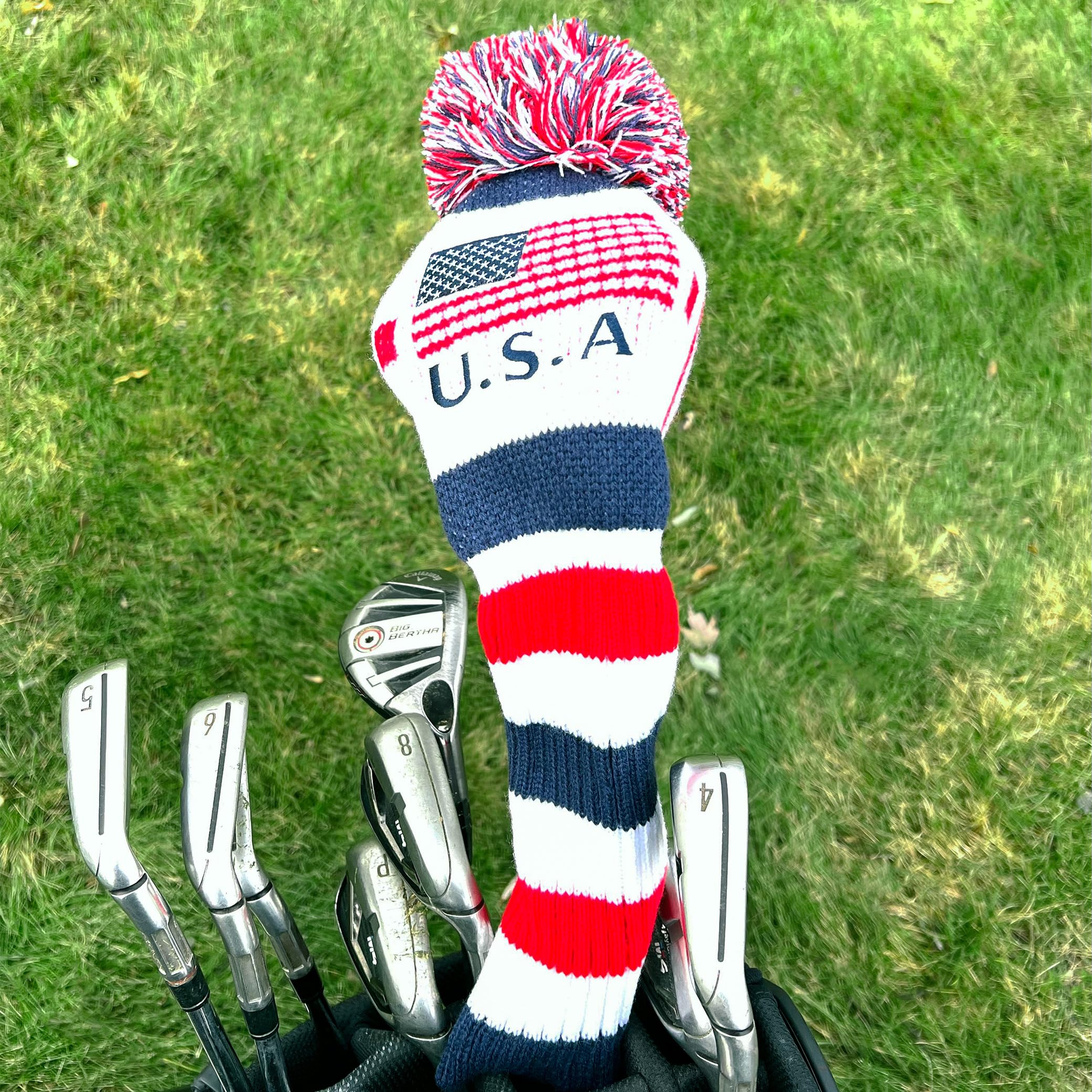 American Flag Patriotic Golf Headcover - USA Flag Novelty Golf Headcover - US National Anthem Stars and Stripes Golf Star Spangled Banner July 4th Patriot Knit Head Cover - Fits 460cc Drivers