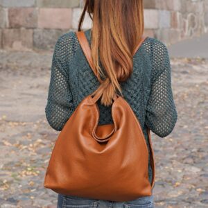 TimeStoryBag Women Leather Backpack/Purse- Handmade Convertible Hobo Shoulder Bag from Genuine Leather Cognac