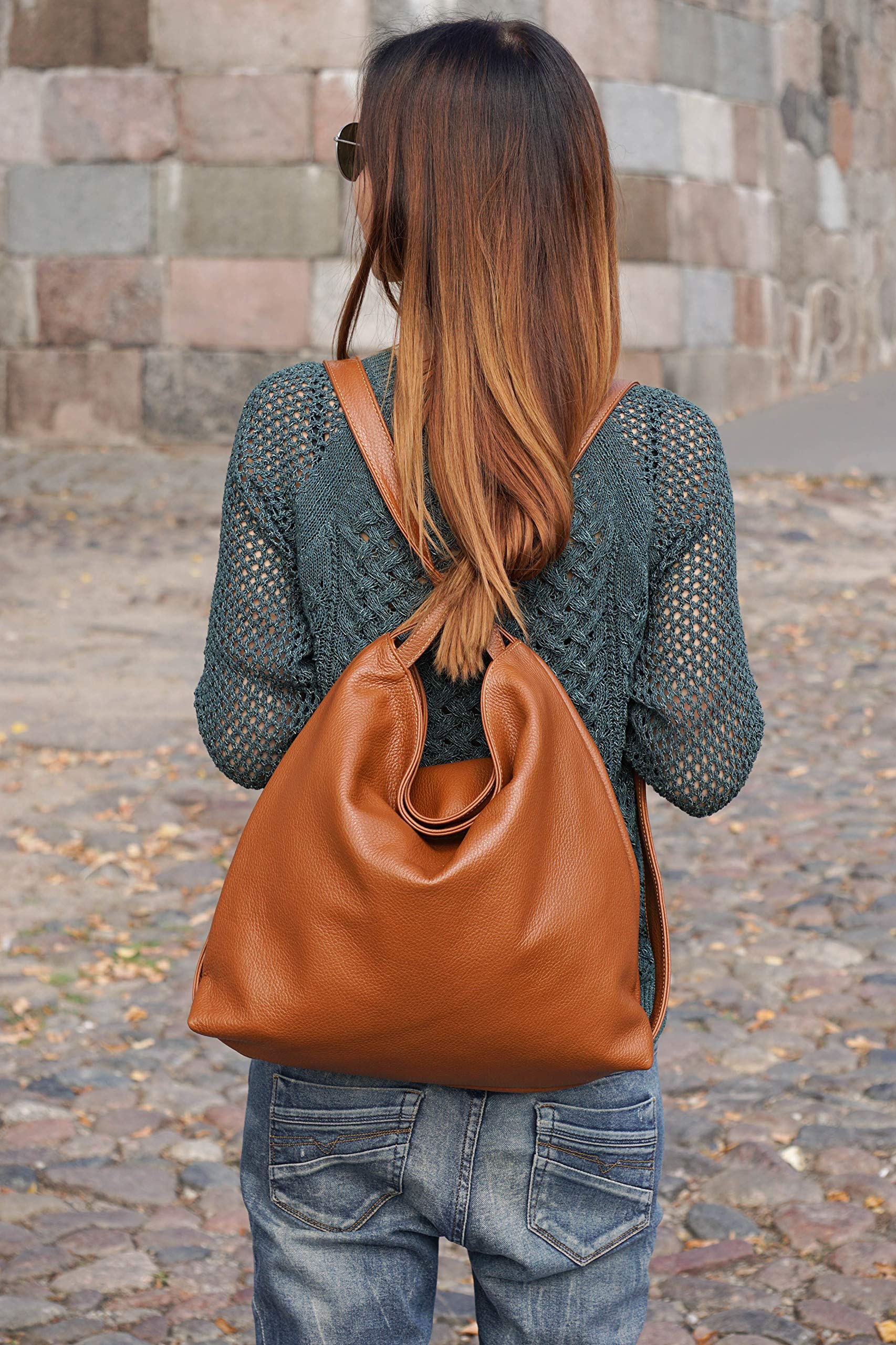 TimeStoryBag Women Leather Backpack/Purse- Handmade Convertible Hobo Shoulder Bag from Genuine Leather Cognac