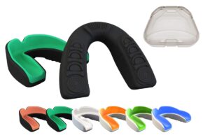 coollo sports boil and bite mouth guard (youth & adult) da custom fit sport mouthpiece for football, hockey, rugby, lacrosse, boxing, mma (free case included!) (mint green & black, ages 10 & below)