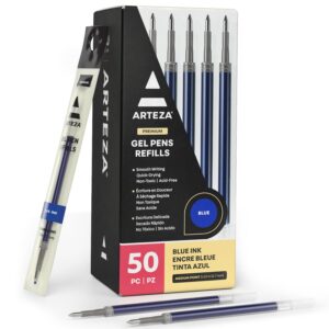 arteza gel pen refills pack of 50 blue roller ball gel ink pen refills, quick-drying, nontoxic, fine point