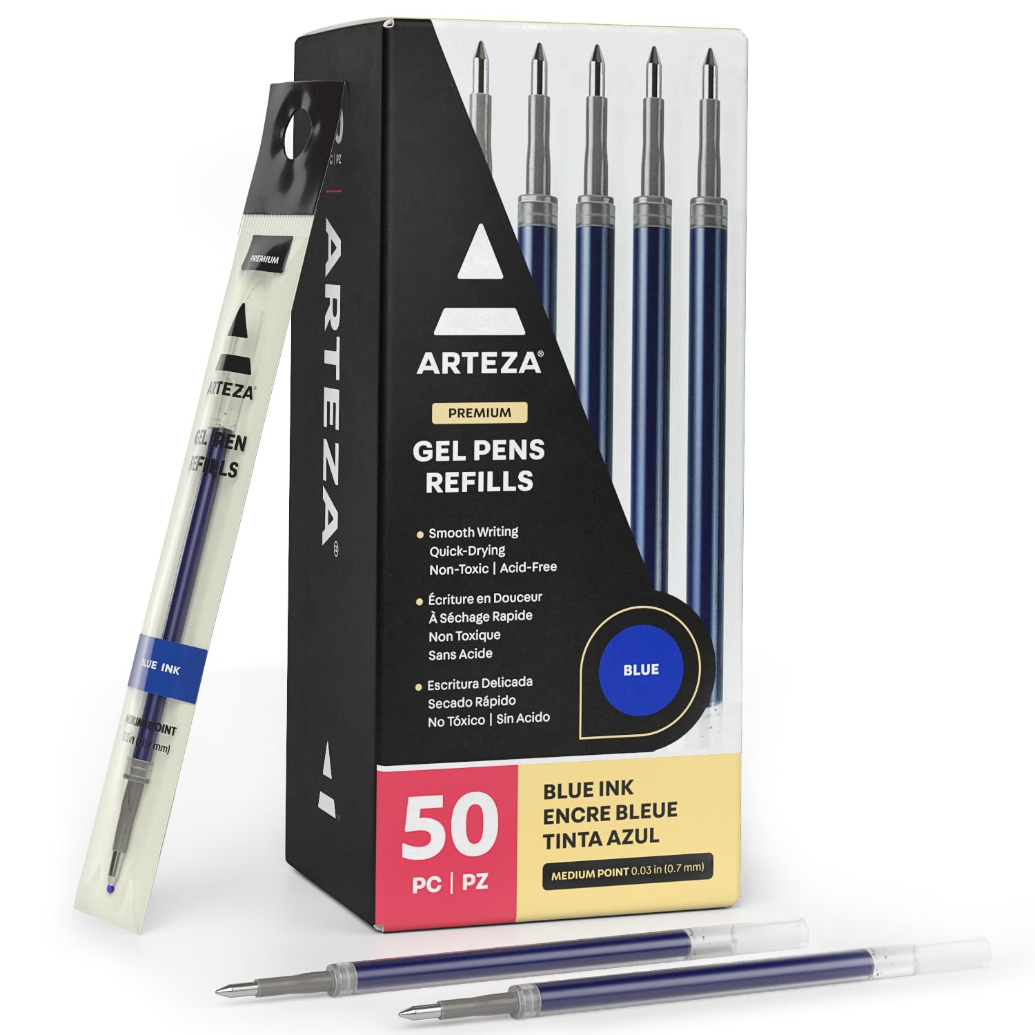 ARTEZA Gel Pen Refills Pack of 50 Blue Roller Ball Gel Ink Pen Refills, Quick-Drying, Nontoxic, Fine Point