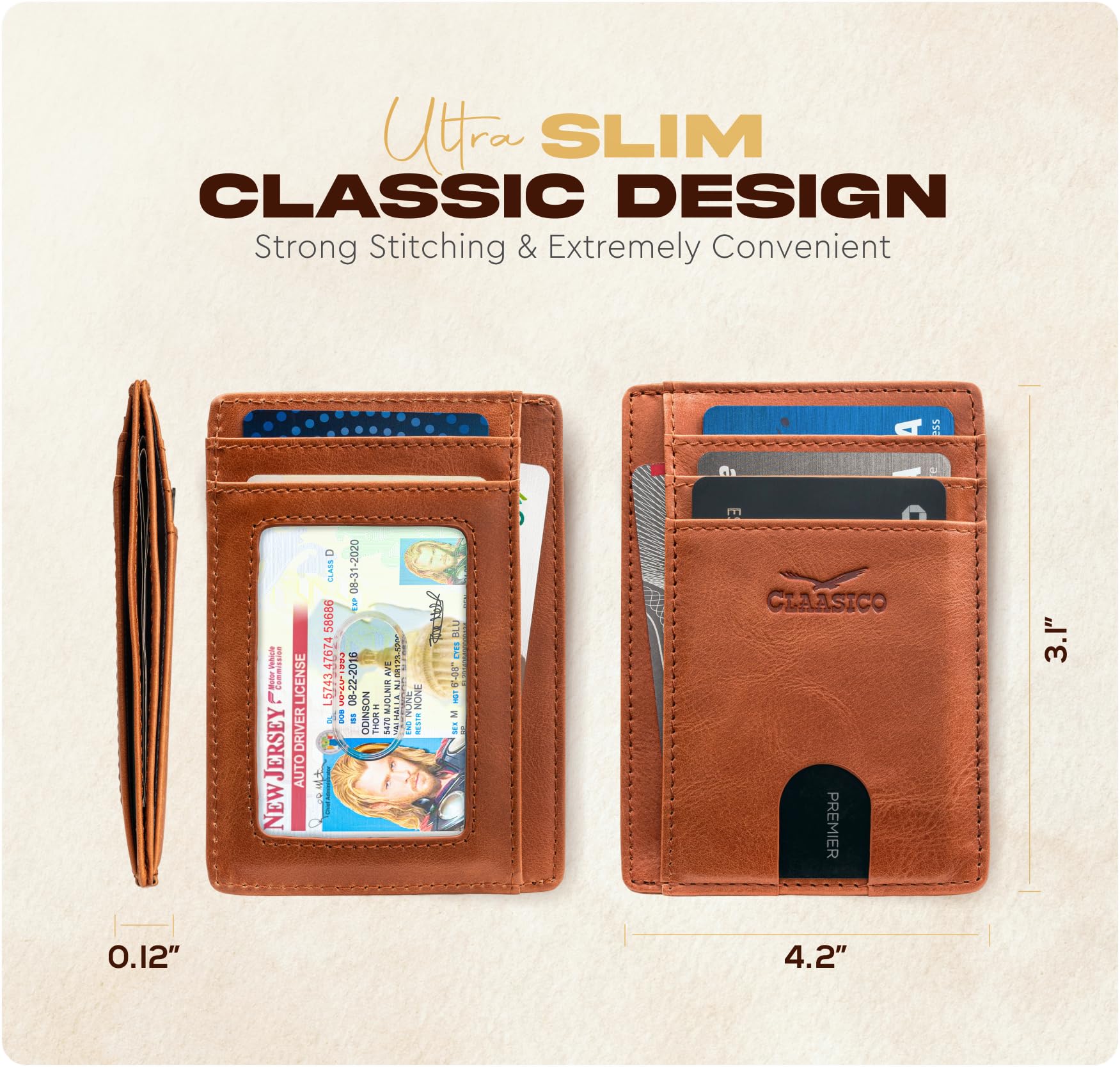 Claasico Front Pocket Small Minimalist Leather Wallet RFID Blocking Vintage Leather Credit Card Holder with Gift Box