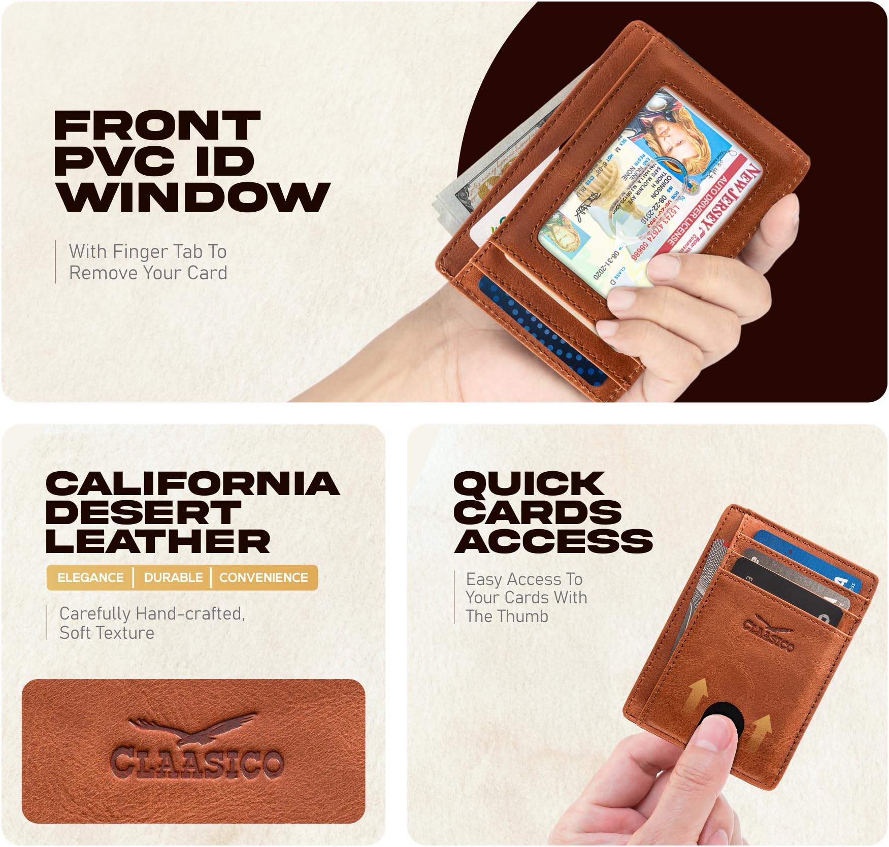 Claasico Front Pocket Small Minimalist Leather Wallet RFID Blocking Vintage Leather Credit Card Holder with Gift Box