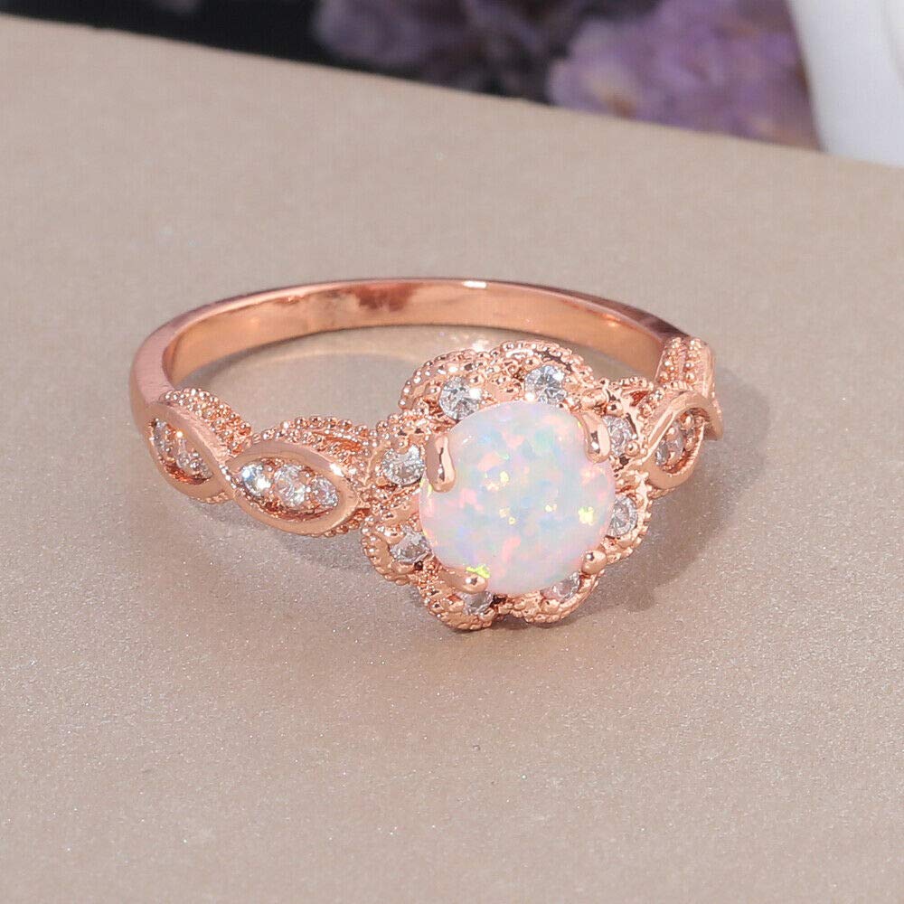 CiNily Opal Rings for Women-18K Rose Gold Plated White Fire Opal Zirconia Women Jewelry Gemstone Engagement Anniversary Ring Size 9