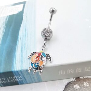 Excepro 14G(1.6mm) Multicolor Sea Turtle Curved Barbell Dangle Belly Button Ring 316L Stainless Steel