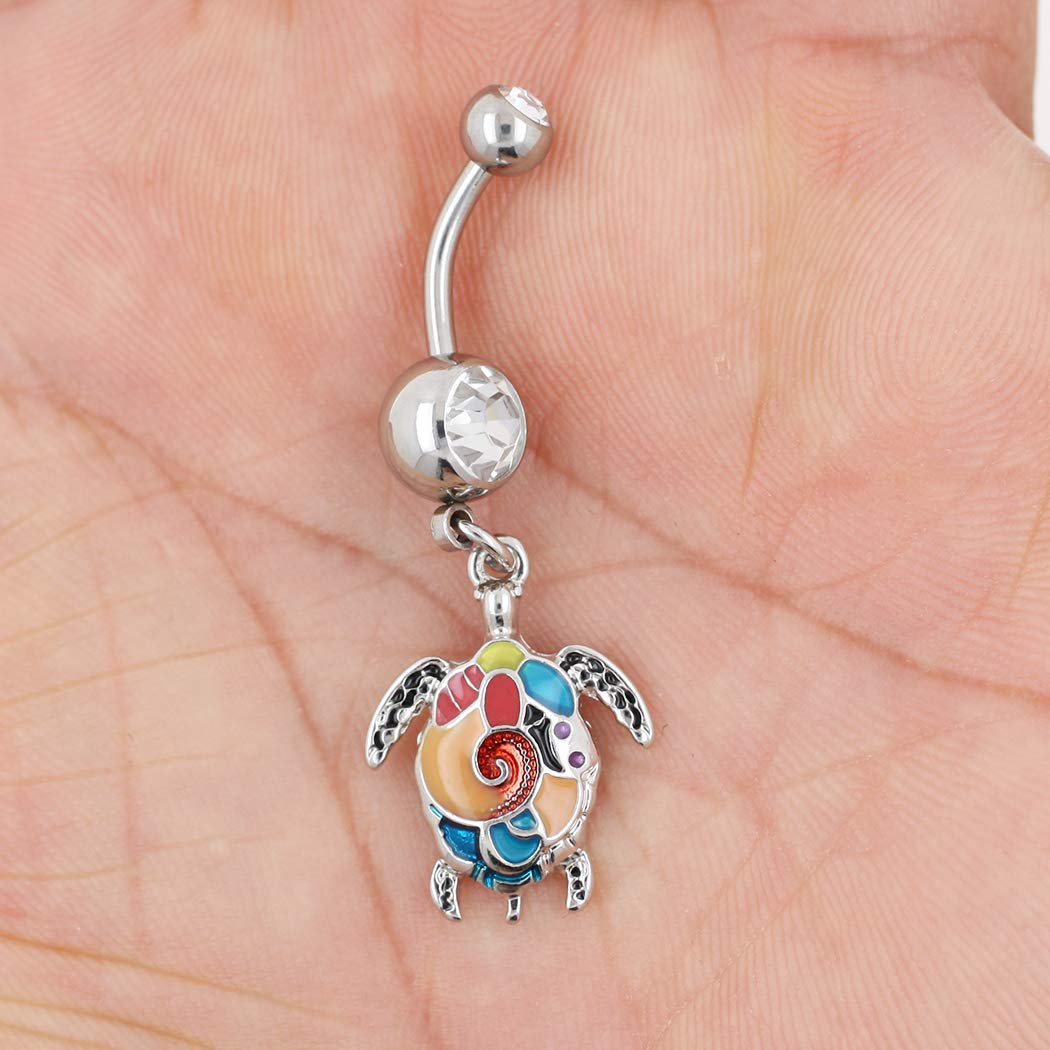 Excepro 14G(1.6mm) Multicolor Sea Turtle Curved Barbell Dangle Belly Button Ring 316L Stainless Steel